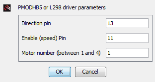 For L293, the setting are 2 PWM port and the motor number (1 to 3)
